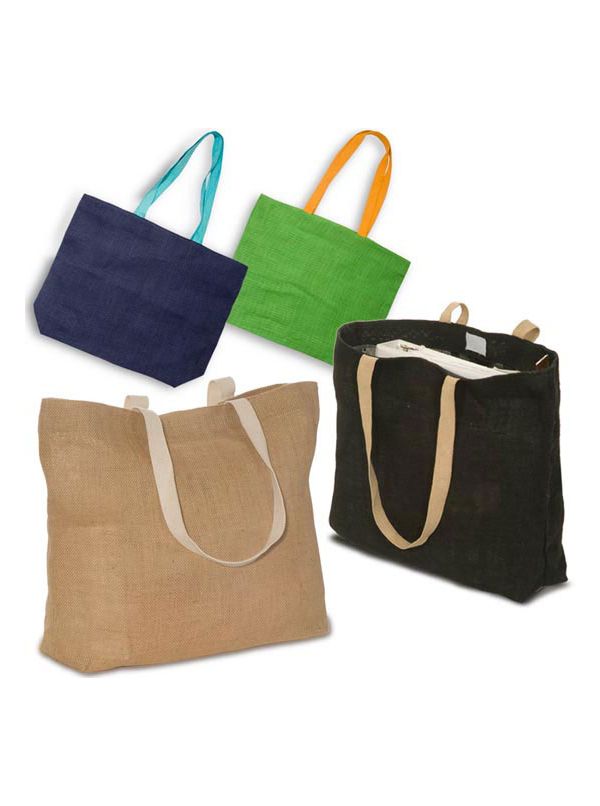 Custom Logo jute bag with colored cotton handles and a Velcro closure
