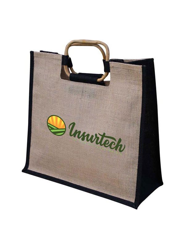 Custom Printed Jute Cotton Tote bag with Cane Handles CarryGreen
